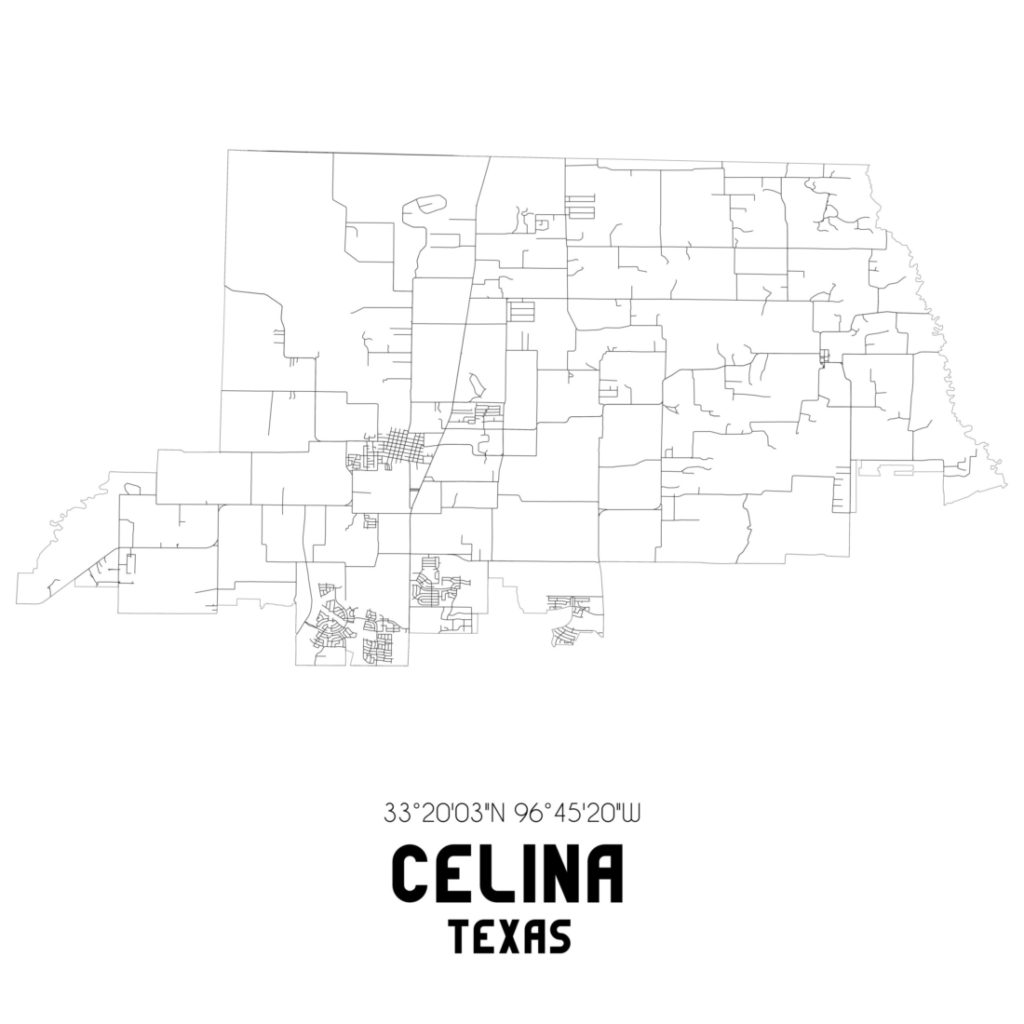 Celina Texas. US street map with black and white lines.
